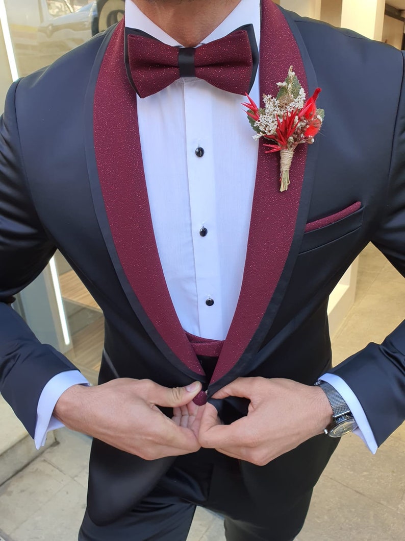 Men Suits Black 3 Piece Slim Fit One Button Wedding Groom Etsy