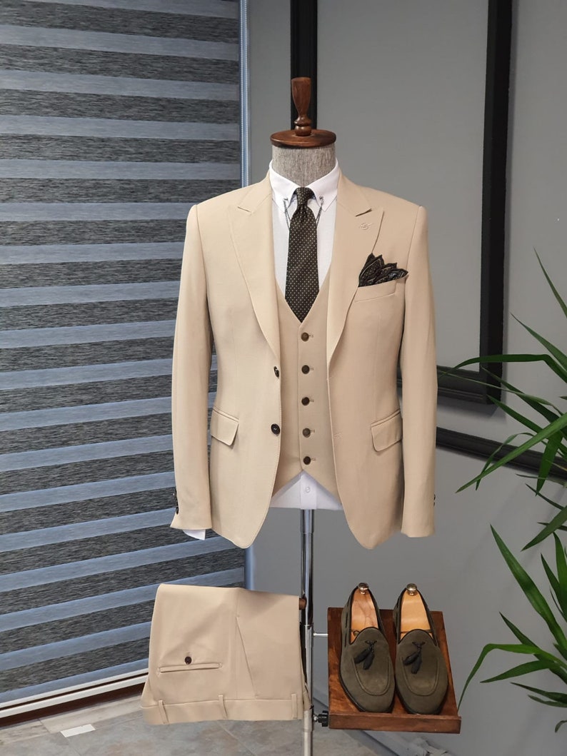 Men Suits Beige 3 Piece Slim Fit Two Button Wedding Groom Party Wear Coat Pant, Men Beige Suit ...