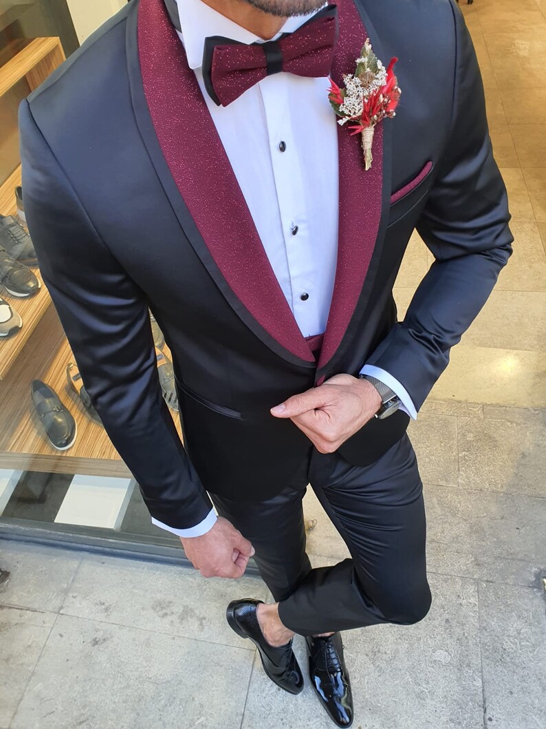 Men Suits Black 3 Piece Slim Fit One Button Wedding Groom Etsy