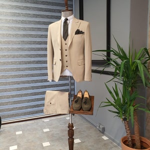 Men Suits Beige 3 Piece Slim Fit Two Button Wedding Groom Party Wear Coat Pant, Men Beige Suit ...