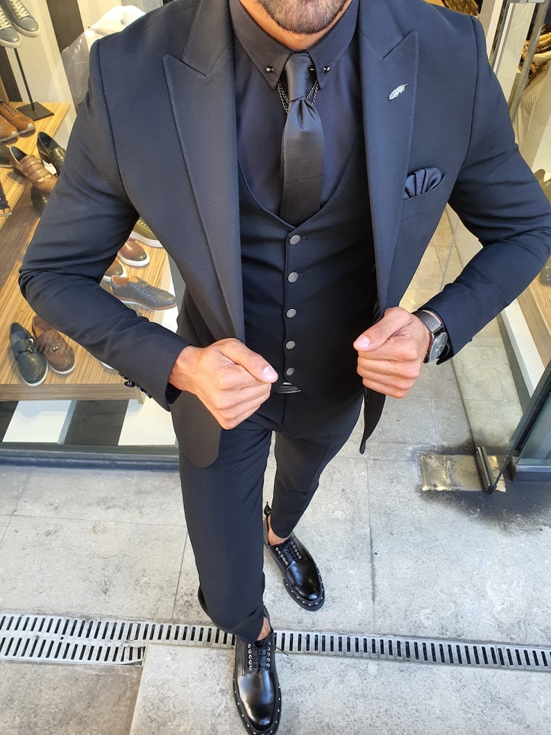 Men Suits Black 3 Piece Slim Fit Two Button Wedding Groom Party Wear Coat Pant, Black Suit for ...