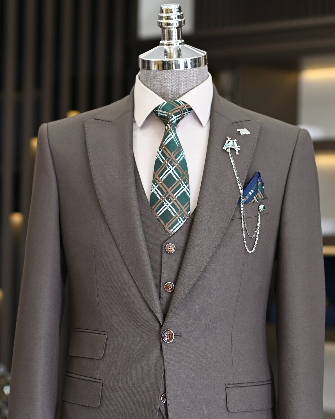Men's Slim Fit 3 Piece Coffee Brown Suit Men Party Suit Vest Pants Date ...
