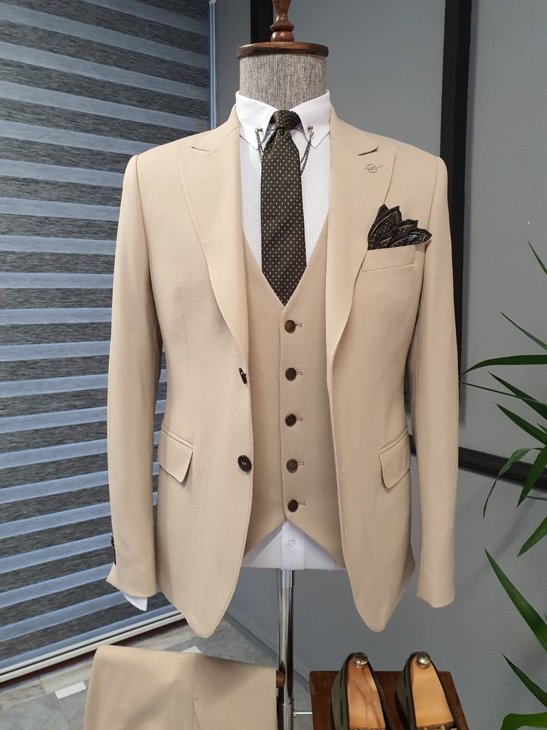 Men Suits Beige 3 Piece Slim Fit Two Button Wedding Groom Party Wear Coat Pant, Men Beige Suit ...