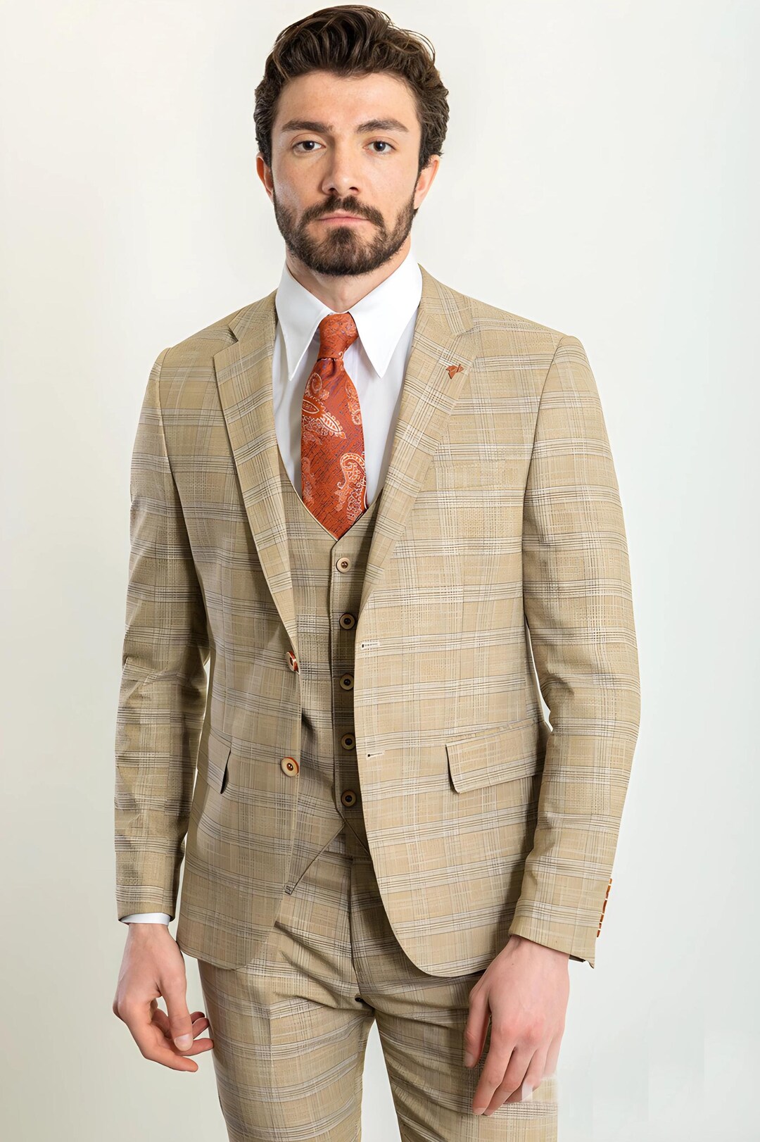 GENTWITH Men Beige Slim Fit Notch Lapel 3 Piece Plaid Check Date Night ...