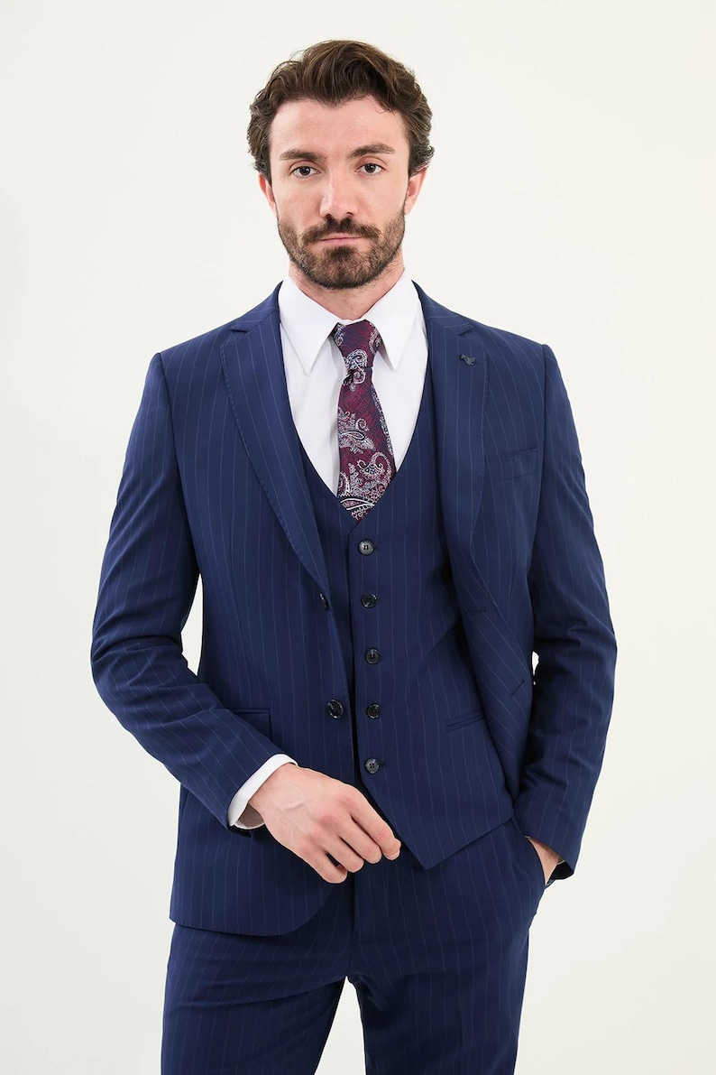 Navy Blue Pinstripe Suit: Slim Fit Wool Blend - Italian Cut - Etsy
