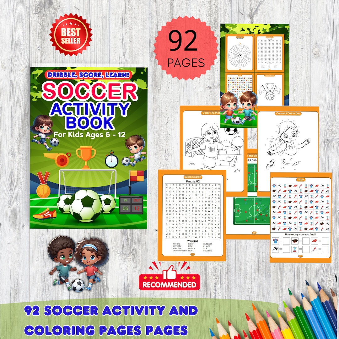 Soccer Activity and Coloring Pages for Kids 6 to 12. 92 Pages. Instant ...