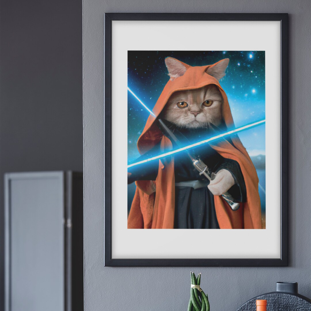 Pet Portrait Jedi, Baby Yoda Cat Art Funny Pet Lover Gift, Star Wars ...