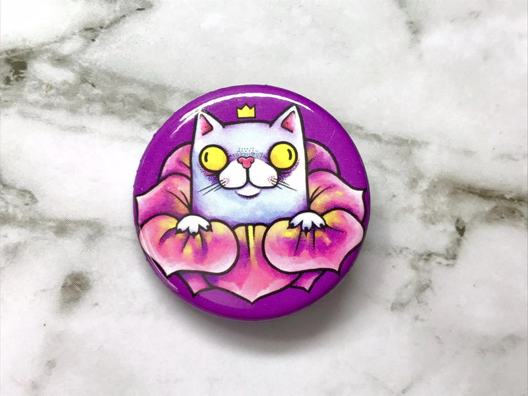 1.25" Round Cat Button. Cute Kitty Wearing Crown Inside a Flower With ...