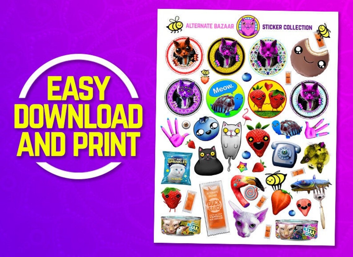 Printable Cartoon Sticker Sheet. Alternate Bazaar Art Lean Cat - Etsy