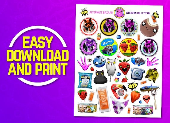 Printable Cartoon Sticker Sheet. Alternate Bazaar Art Lean Cat - Etsy