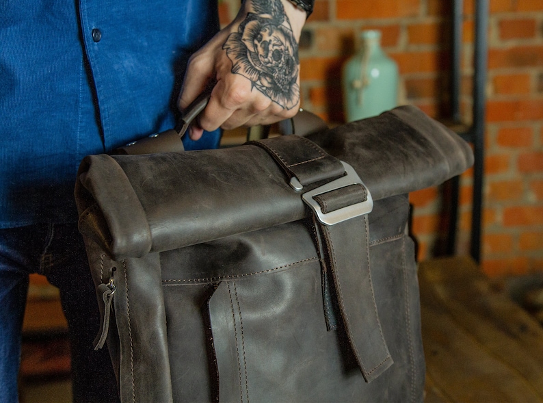Roll top LEATHER BACKPACK man in various colors | Etsy