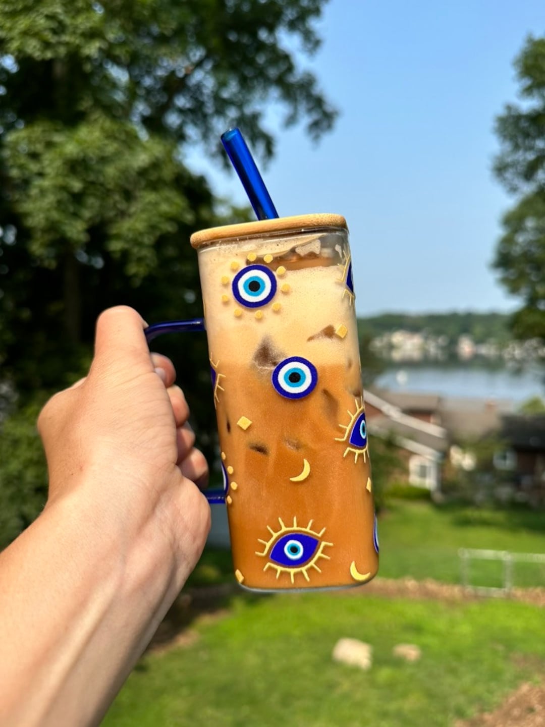 Evil Eye Square Glass With Lid & Straw - Etsy