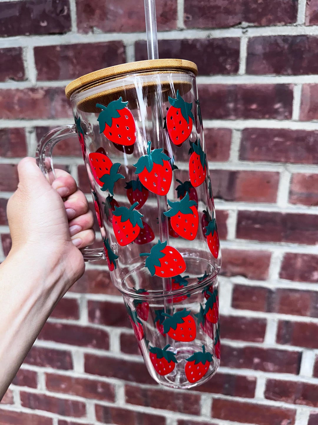 Strawberry 40oz Glass Tumbler With Handle, Strawberry Glass Tumbler ...