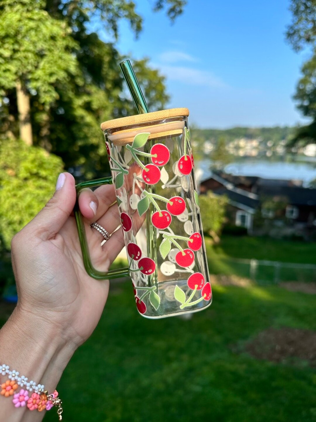 Cherry Square Glass With Lid & Straw - Etsy