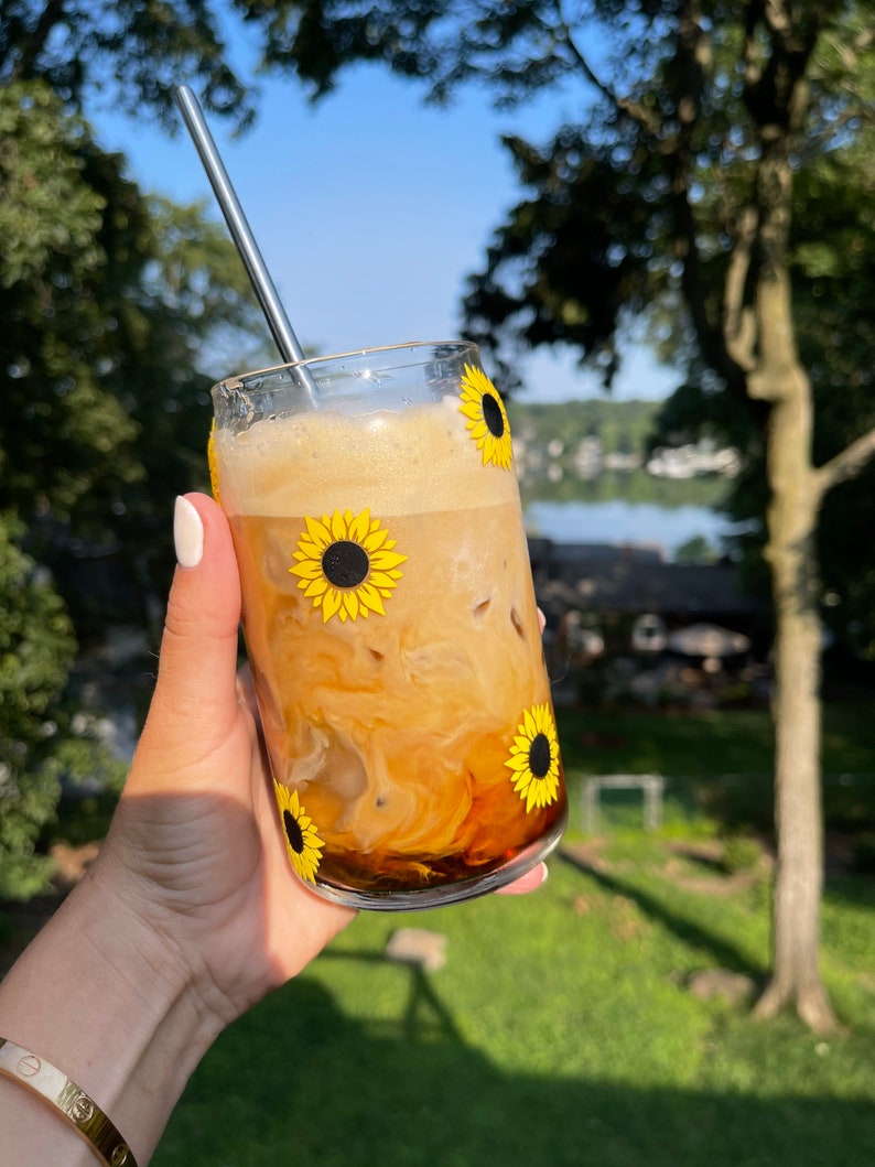Sunflower Beer Can Glass, Sunflower Iced Coffee Glass, Personalized ...