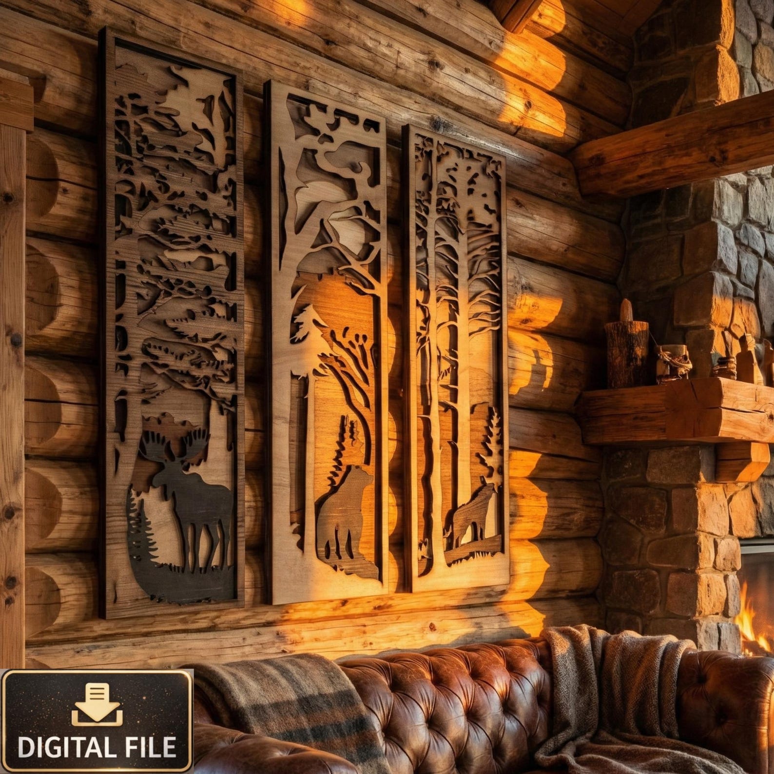 Woodland Cabin Laser Cut Wall Art Set – Bear Wolf Deer Forest Panels ...