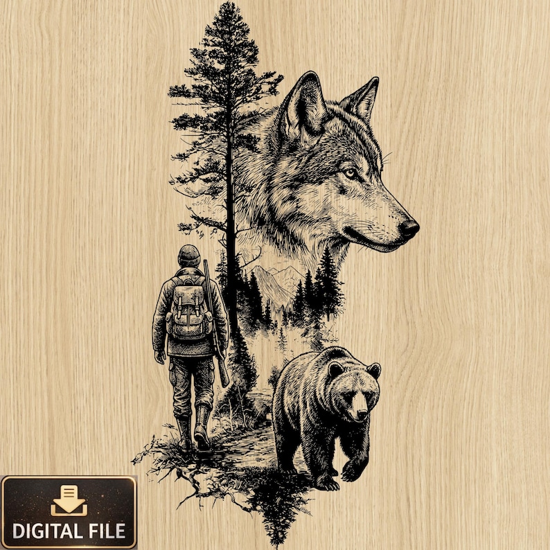 Wolf Bear Man Laser Engraving SVG | Wilderness Hunter Line Art | Wood ...