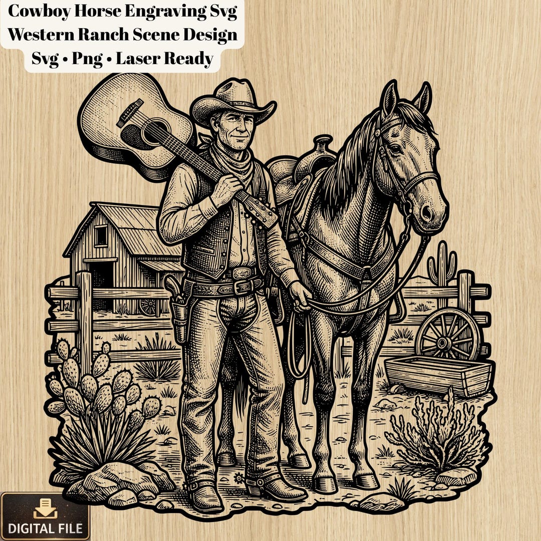 Cowboy Horse Engraving Svg, Western Ranch Scene, Vintage Style (digital ...