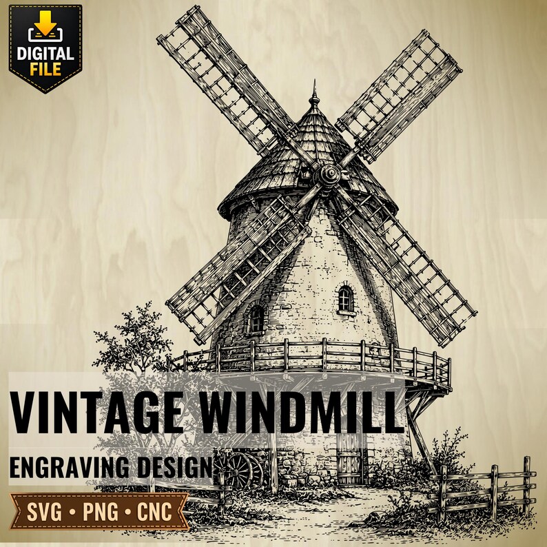 Vintage Windmill Engraving SVG PNG, Rustic Farm CNC Design, Old ...