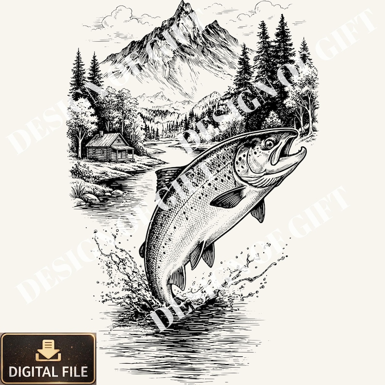 Jumping Fish Laser Engraving SVG | Mountain River Fishing Line Art ...