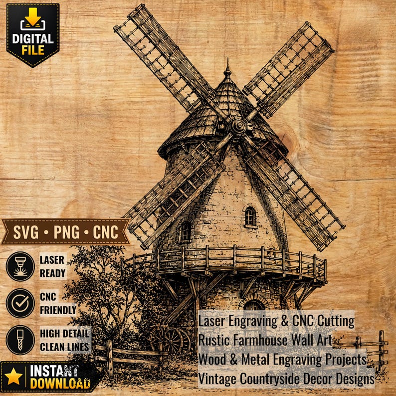 Vintage Windmill Engraving SVG PNG, Rustic Farm CNC Design, Old ...