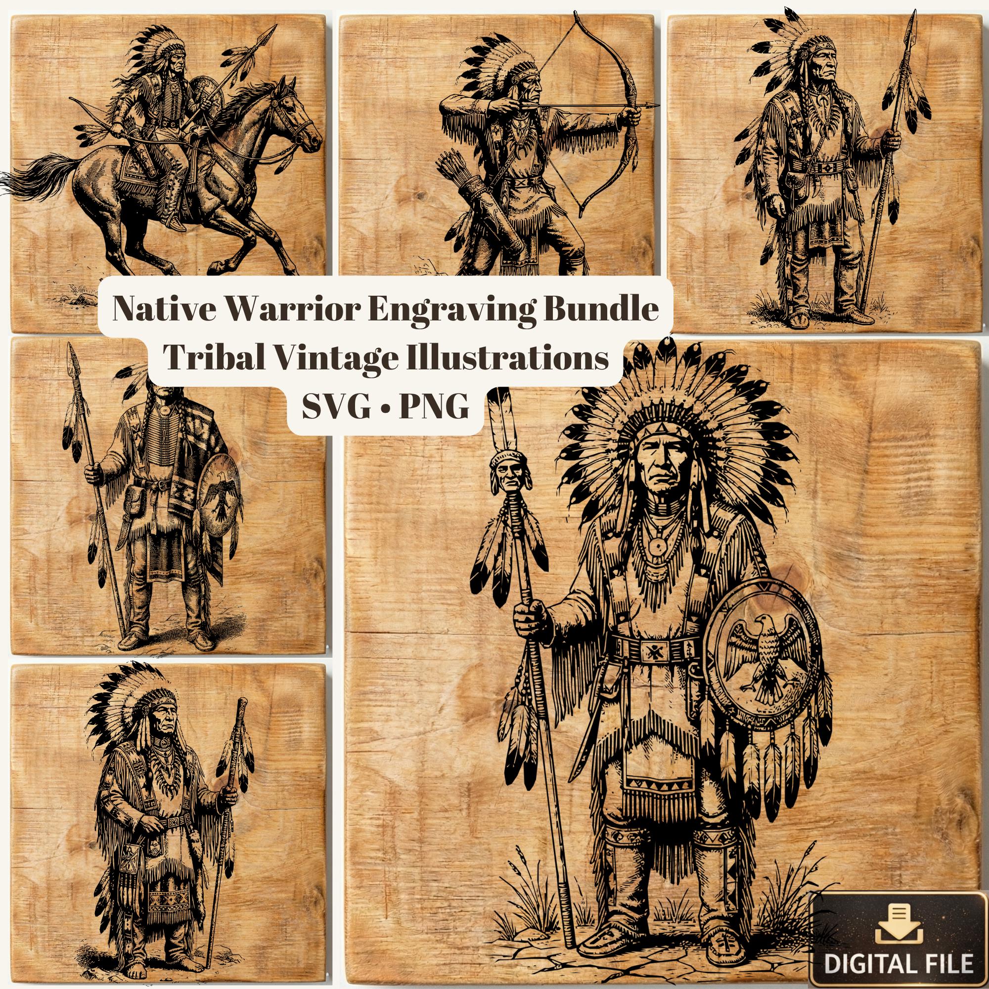 Native American Warrior SVG Bundle, Tribal Chief Engraving PNG, Vintage ...