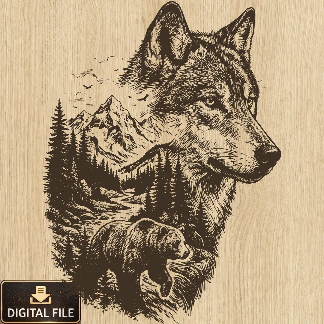 Wolf Bear Mountain Engraving Design SVG PNG | Wildlife Laser Engraving ...