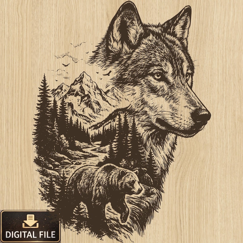 Wolf Bear Mountain Engraving Design SVG PNG | Wildlife Laser Engraving ...