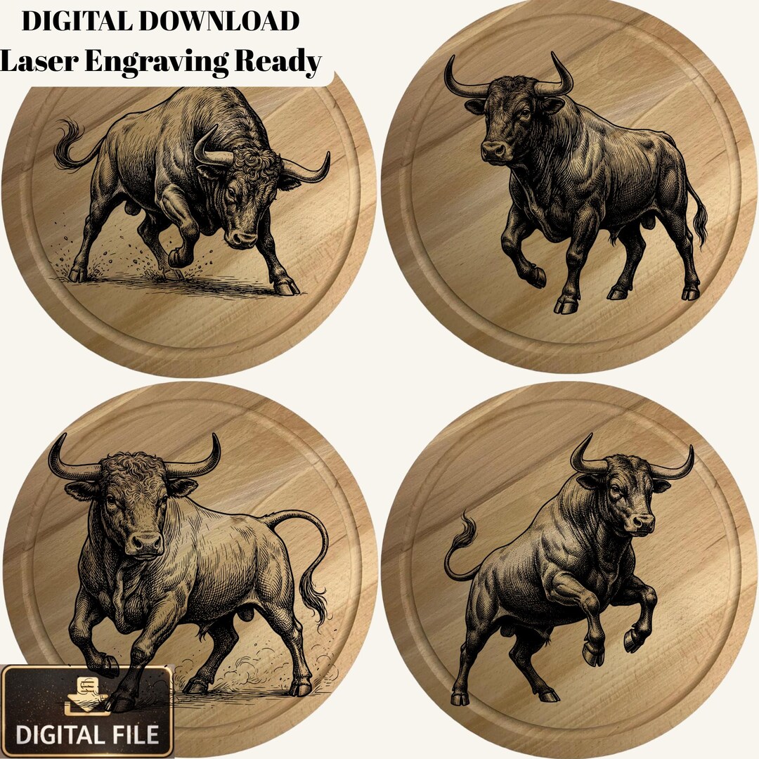 4 Bull Wood Engraving SVG PNG Bundle | Powerful Bull Laser Engraving ...