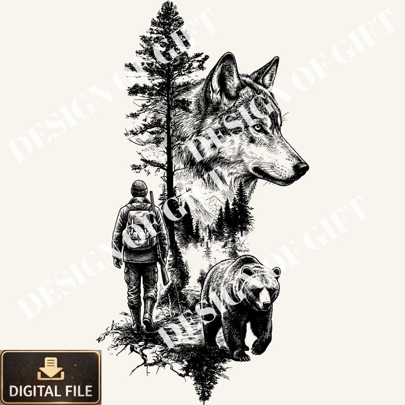 Wolf Bear Man Laser Engraving SVG | Wilderness Hunter Line Art | Wood ...
