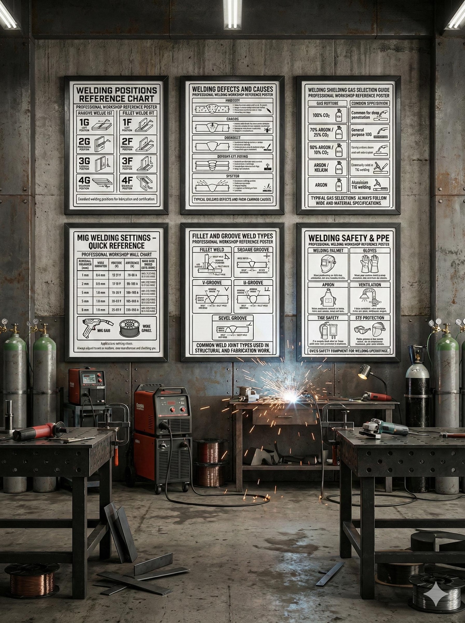 Welding Shop Wall Chart Set – 6 Professional MIG TIG Welding Reference ...