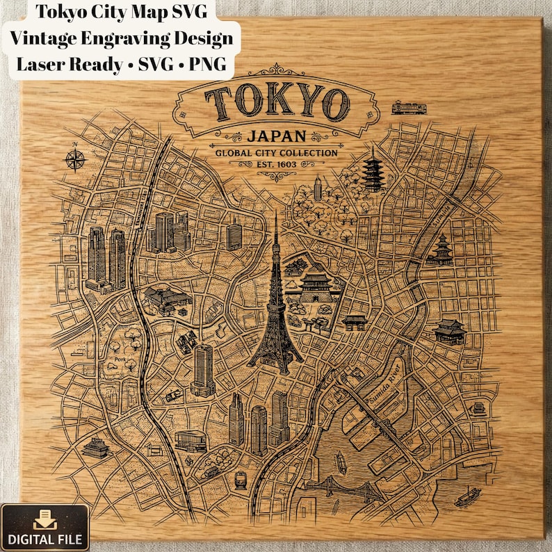 Tokyo City Map SVG, Vintage Engraving Style, Laser Cut File (SVG PNG ...