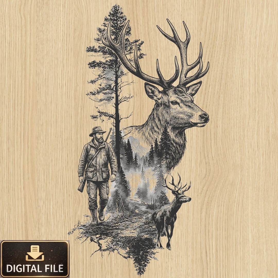 Deer Hunter Engraving Design | Rustic Hunting Lodge Art (SVG PNG ...