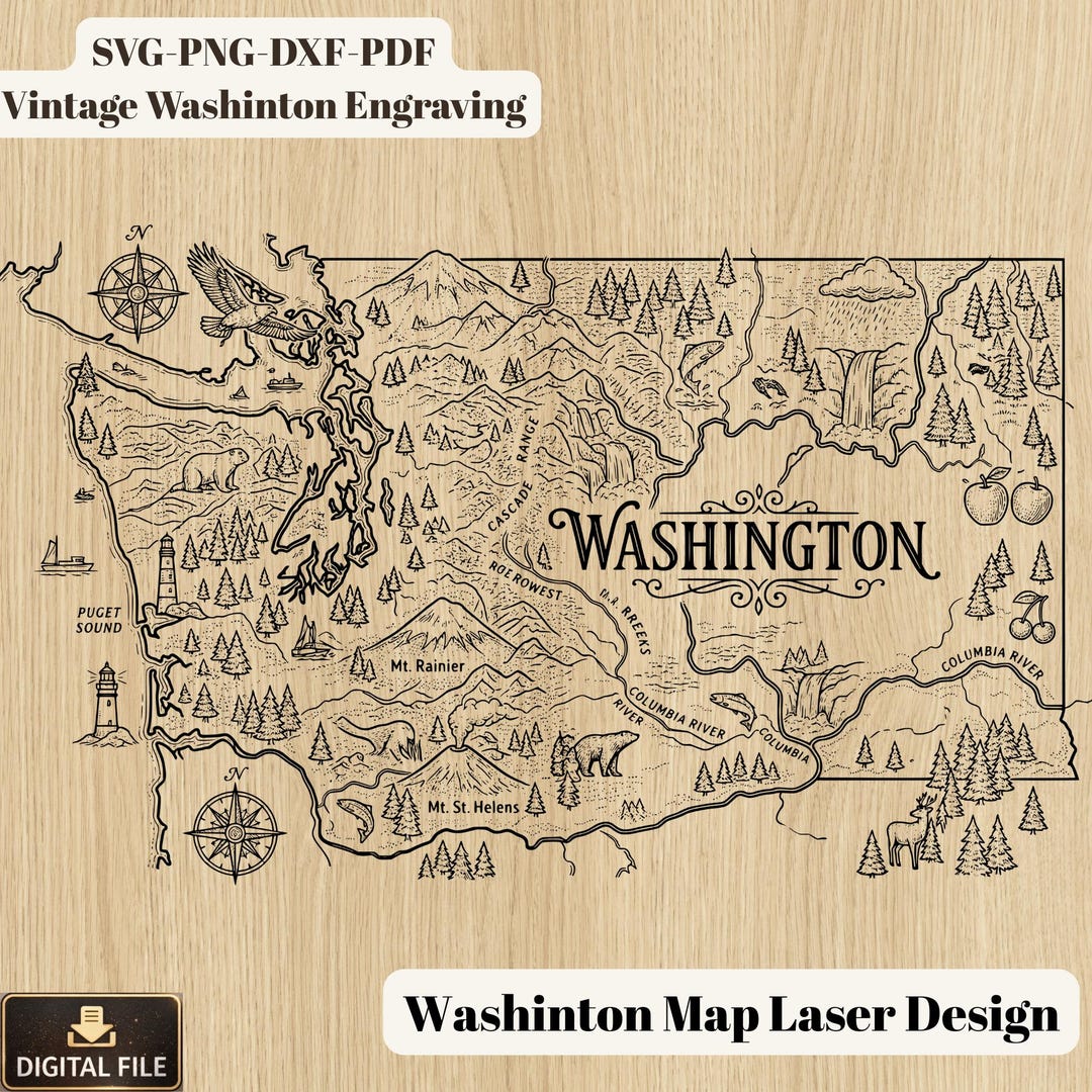 Washington State Map Vintage Washington Engraving Map | Laser Engraving ...
