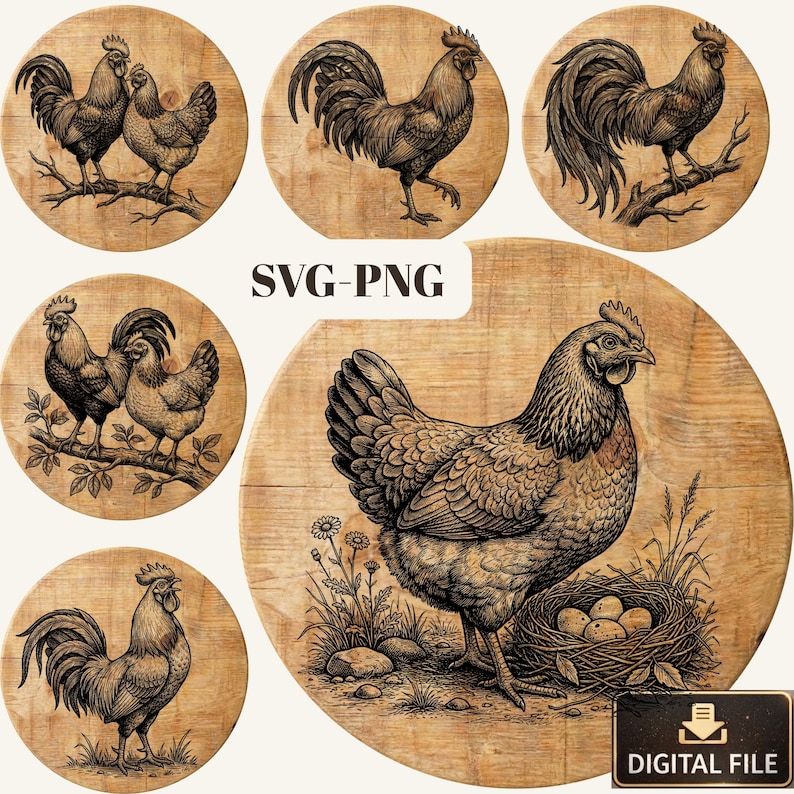 Vintage Rooster and Hen SVG Bundle, Farmhouse Laser Cut Files (6 ...