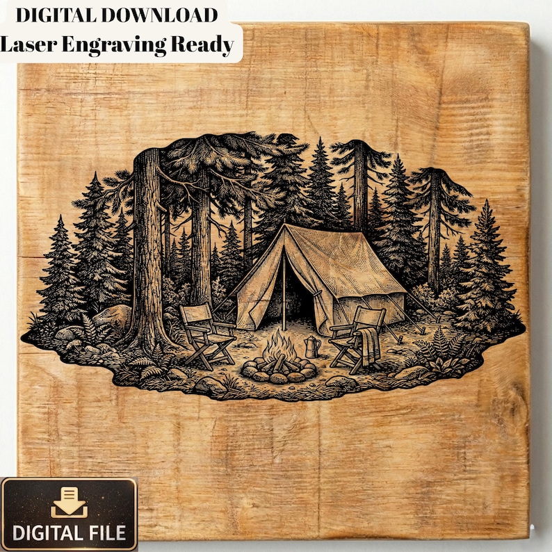 Vintage Camper Forest Engraving Files, RV Camp Scene SVG PNG (digital ...