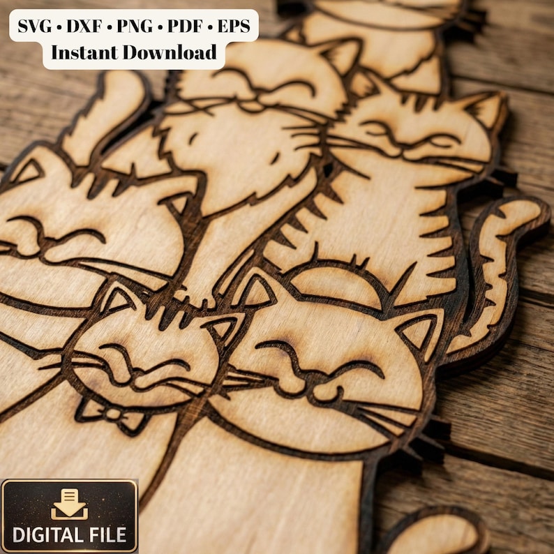 Laser Cut Cat Family SVG | Cute Stacked Cats DXF | Wooden Wall Decor ...