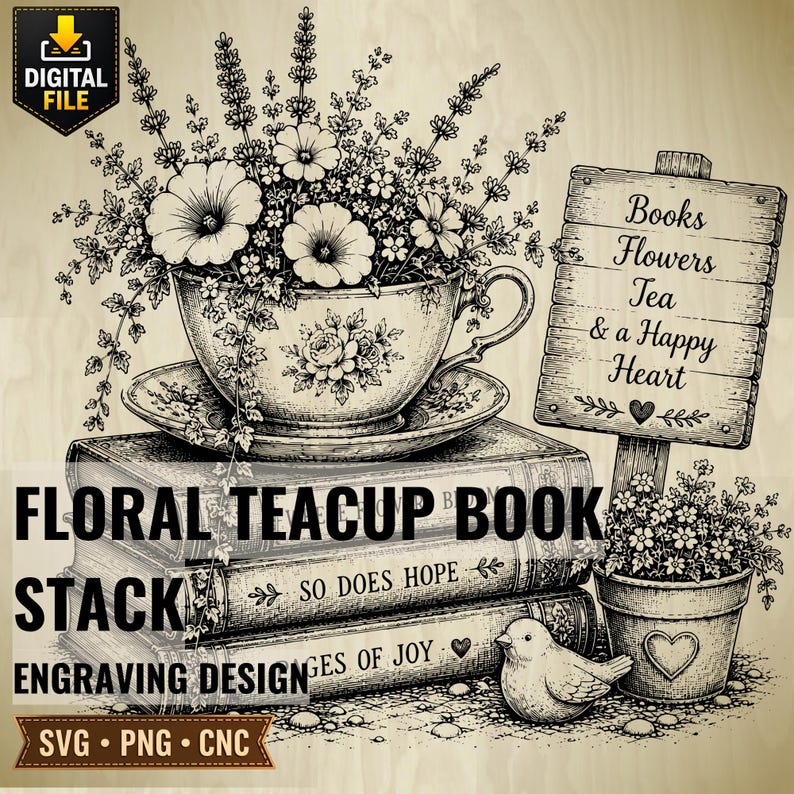Floral Teacup Book Stack SVG, Vintage Flower Teacup PNG, Cottagecore ...
