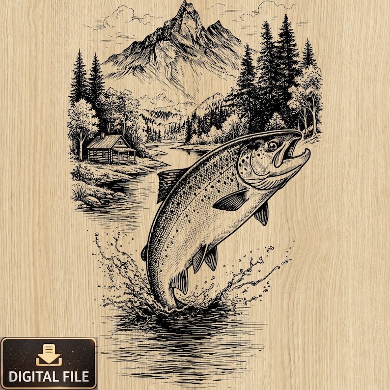 Jumping Fish Engraving Design | Mountain River Line Art (SVG, PNG ...