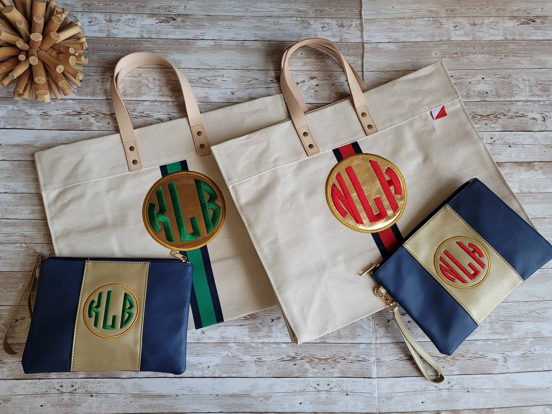 Monogram Canvas Leather Tote | Large Custom Bag | Embroidered Monogram ...