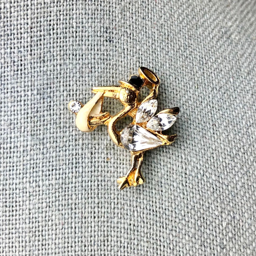 Vintage Stork With Newborn Baby Pin, Gold Tone Clear Rhinestones Tie ...