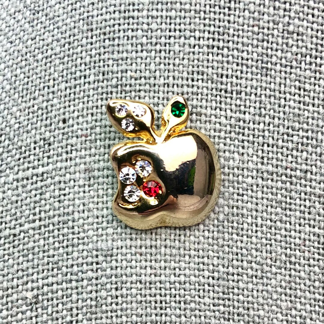 Vintage Apple Pin Gold Tone Clear Green Red Rhinestones Small - Etsy