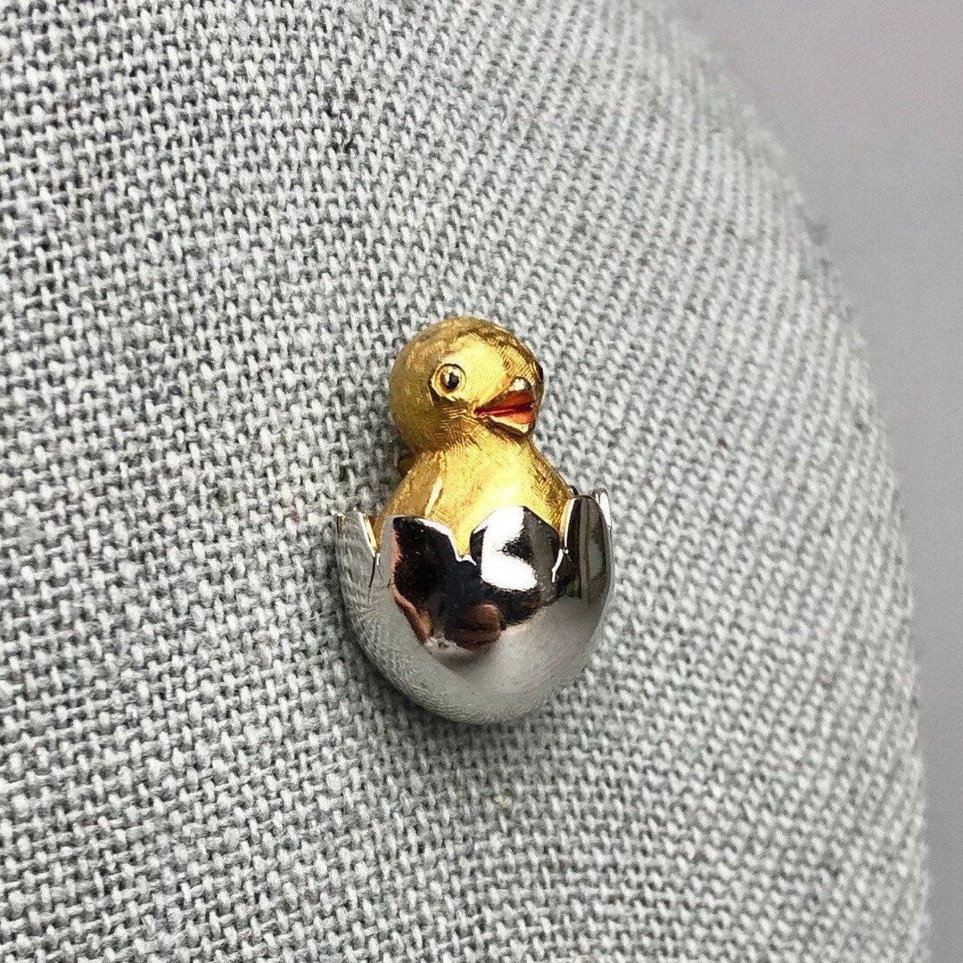 Vintage AVON Chick in Eggshell Mini Pin, Gold Silver Baby Bird Tone ...