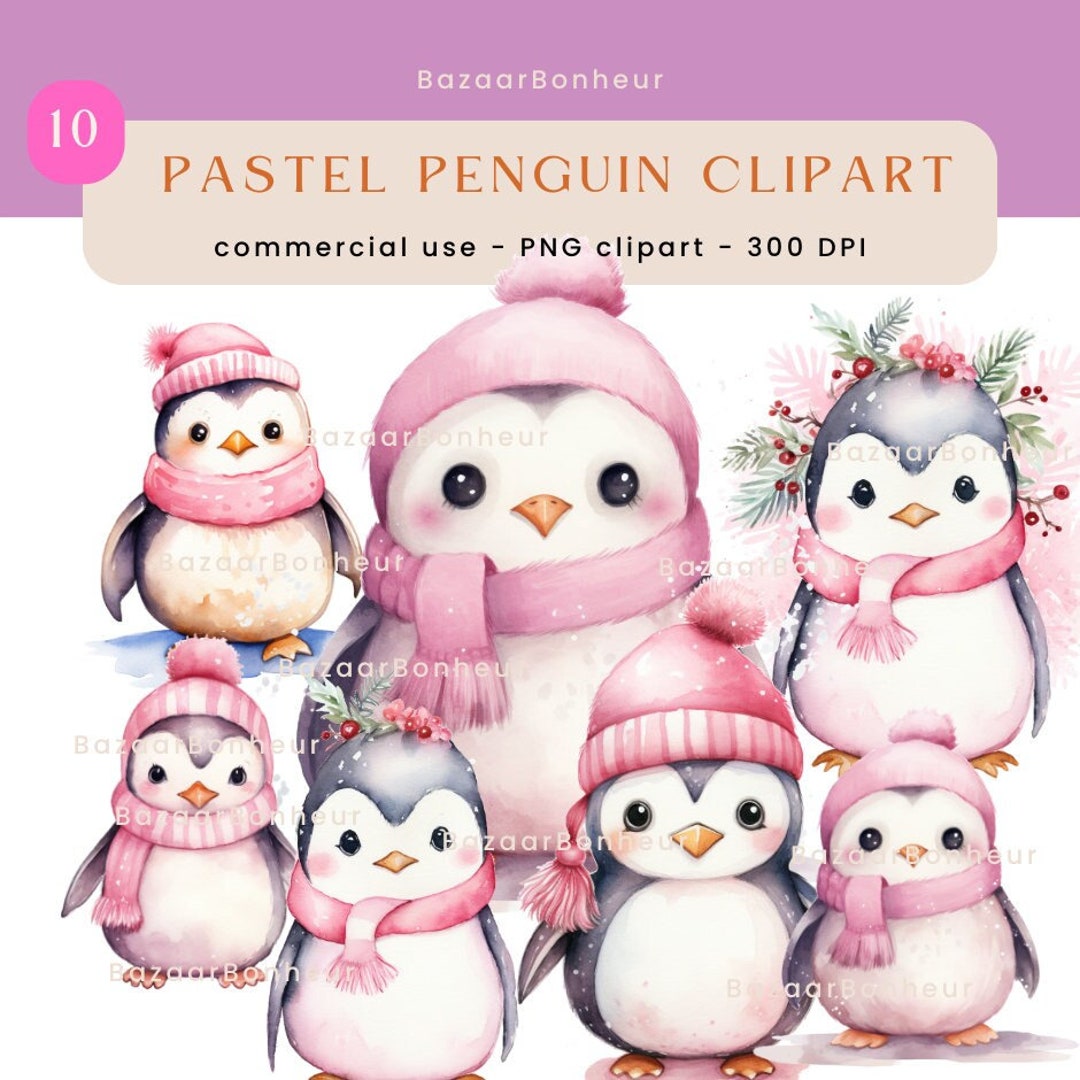 Christmas Penguin Clipart Pastel, Pink Christmas Clipart,300 DPI, 4000 ...