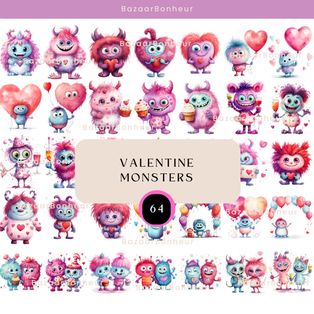 Watercolor Valentine Monster Clipart Hearts Monsters Png Valentine ...