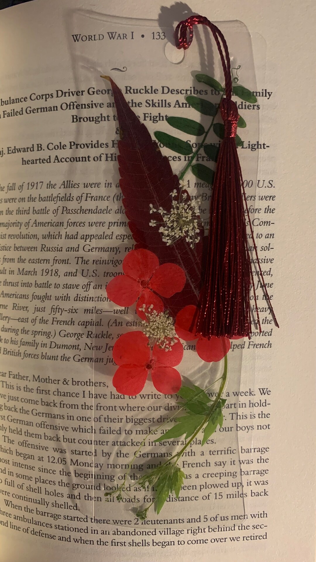 Red, Maroon, White and Green Pressed Flower Bookmark With Tassel ...