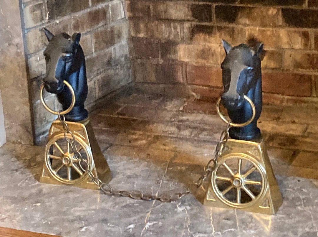 Vintage Pair of Horse Head Andirons With Chain Unique Cast Metal and ...
