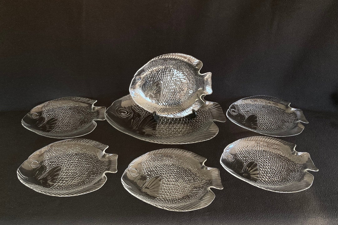 Vintage Arcoroc France Clear Glass Fish Plates 7 Pc. Set Includes 1 ...