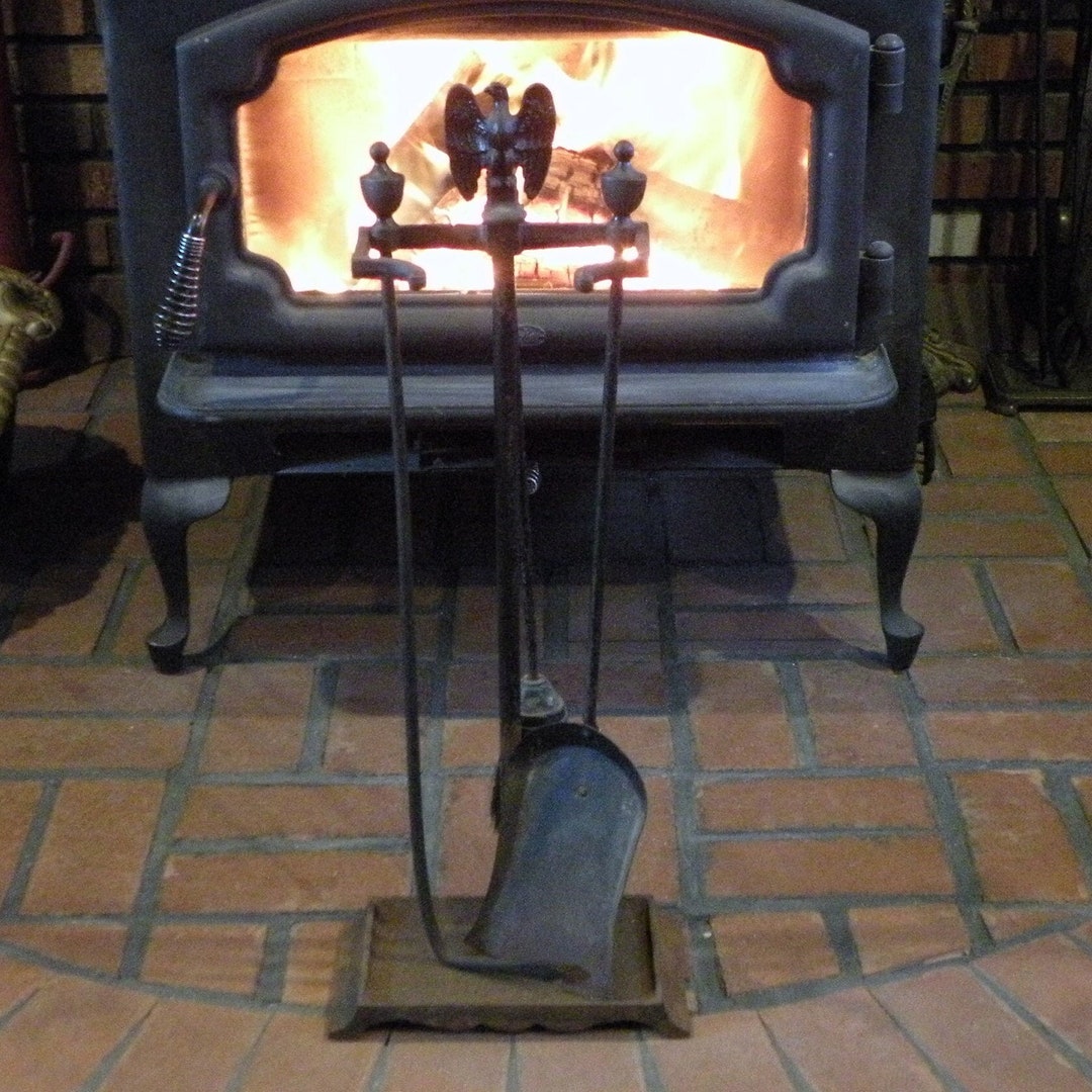 Antique Cast Iron Fireplace Tool Set With Eagle Finial Stand Vintage ...