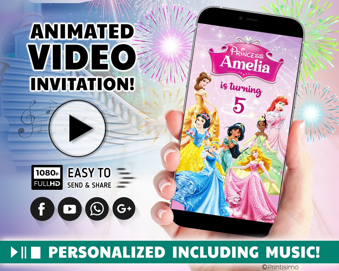 PRINCESS Birthday Video Invitation, Princess Party Invitation Digital ...